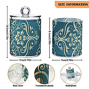 WELLDAY Apothecary Jars Bathroom Storage Organizer with Lid - 14 oz Qtip Holder Storage Canister, Baroque Damask Teal Clear Plastic Jar for Cotton Swab, Cotton Ball, Floss Picks, Makeup Sponges,Hair C