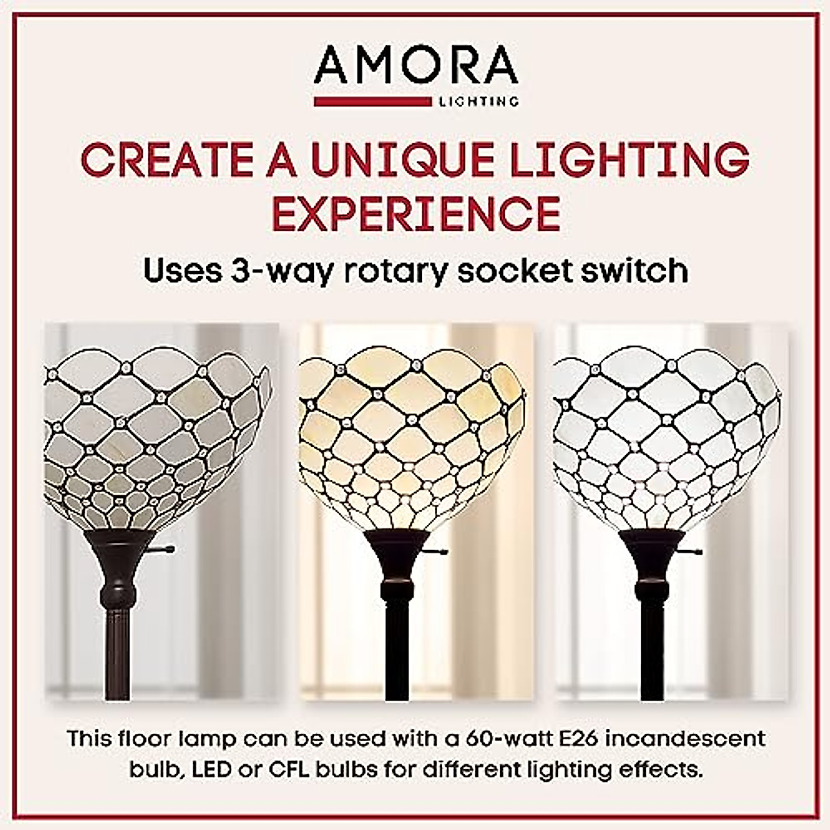 Amora Upright Tiffany Floor Lamp - 72” Pearl Stained Glass Floor Lamp