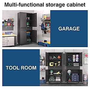 AFAIF Black Metal Storage Cabinet with Wheels, 73" Tall Garage Rolling Storage Cabinet with Doors and Shelves, Lockable Tool Cabinet Steel Locking Cabinets for Home Office, Garage, Pantry