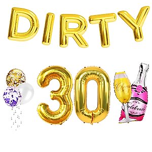 12PCS Dirty 30 Balloons, Gold Dirty Thirty Balloons/30th Birthday Decoration, Champagne Glass Balloon Decor for Men Women, Cheers to 30 Years Old Birthday Foil Balloons for Outdoor