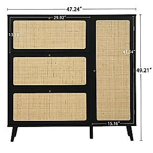 FOKWE Natural Rattan Shoe Cabinet, Shoe Cabinet with 3 Flip Drawers and Storage Shelves, Modern 3-Tier Shoe Rack Storage Cabinet for Entryway, Hallway, Bedroom(Black)