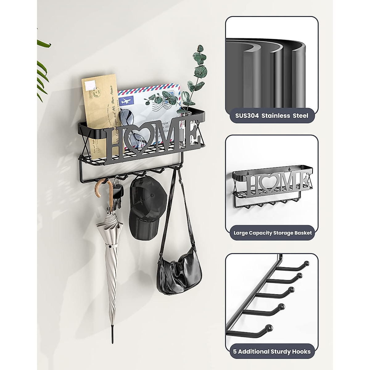 OHOBABY Key Holder for Wall - Key Rack with 5 Key Hooks, 11.02" L×2.75" W×4.92" H, Key and Mail Organizer Wall Mount with Mesh Basket, Key Hanger for Wall, Entryway, Home Decor(Matte Black)