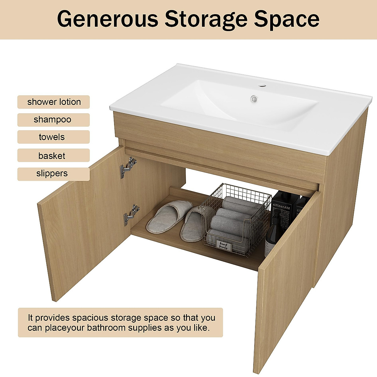 SSLine Modern 30" Floating Bathroom Vanity with Sink Wall Mounted Bathroom Vanity with Top Basin & Storage Cabinet Wood Hanging Vanity w/Ceramic Sink for Small Bath Powder Room (Light Oak)
