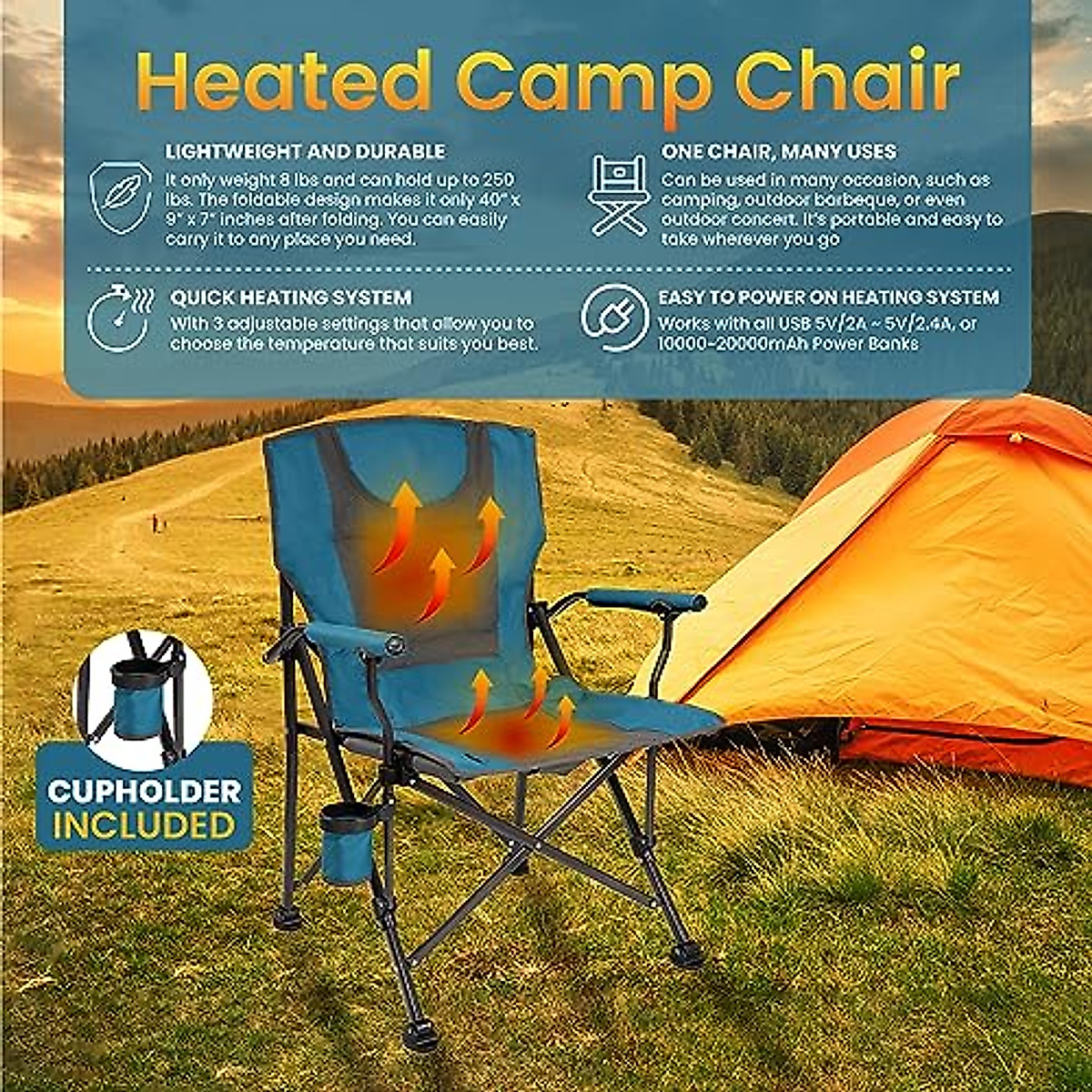 BACKYARD EXPRESSIONS PATIO · HOME · GARDEN , Metal, Blue/Grey Backyard Expressions Luxury Heated Portable Chair Camping, Sports and The Beach