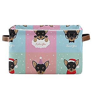 Chihuahua Puppy Snows Storage Basket Dog Storage Organizer Box Bin Large Collapsible Cube Baskets with PU Handles for Shelf Closet Nursery Laundry 1 Pack