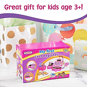 Prextex Grocery Store Pretend Play Electronic Toy Kids Cash Register Set - STEM Cash Register for Kids with Microphone, Play Money, and Food Basket - Kids Checkout Register with Scanner- Pink