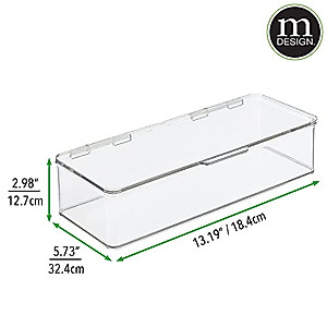 mDesign Long Plastic Kitchen Pantry/Fridge Storage Organizer Box Containers with Hinge Lid for Shelves or Cabinets, Holds Food, Snacks, Seasoning, Condiments, Flatware, Utensils - 4 Pack - Clear