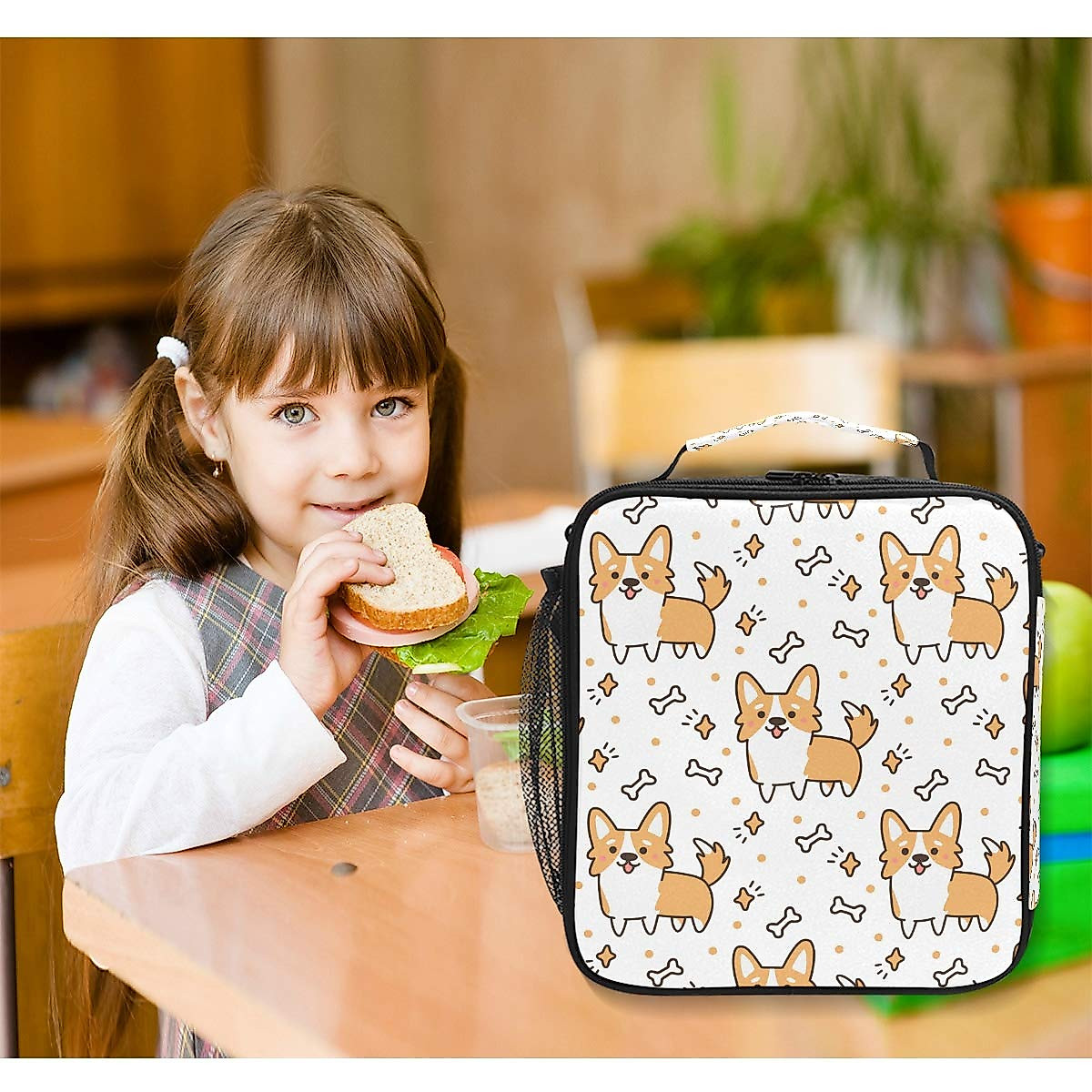 Pfrewn Corgi Dog Lunch Box Yellow Puppies Insulated Lunch Bag Cute Star Dogs Bone Reusable Cooler Meal Prep Bags Lunch Tote with Shoulder Strap for Office Adults School Kids Girls Boys Teens