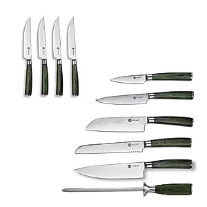 HexClad 10 Piece Knife Set - 4 piece Steak Knives and 6 Piece Essential Knife Set, Fine Edge, Non-Serrated, 60 Rockwell Rating, Forest Green Pakkawood Handles