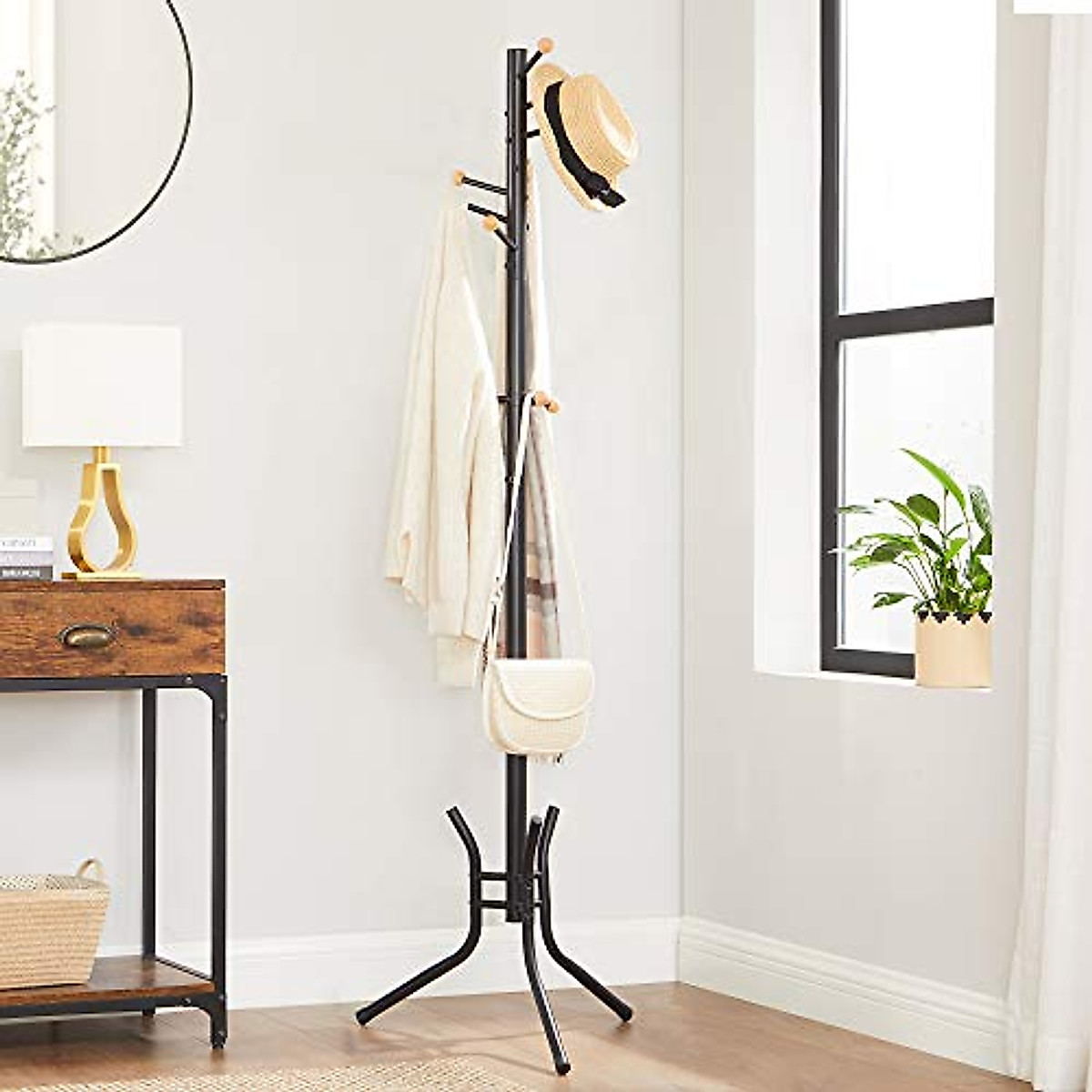 SONGMICS Coat Rack, Freestanding Metal Coat Tree, 11 Hooks with Ball Ends, for Entryway, Bedroom, Living Room, Black URCR028B01