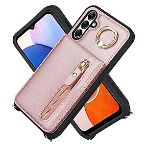 DEYHU Samsung Galaxy A14 5G Case with Card Holder for Women, Galaxy A14 5G Phone Case Wallet with Strap Credit Card Slots Crossbody with Zipper Shockproof Case for GalaxyA14 5G - Rose Gold