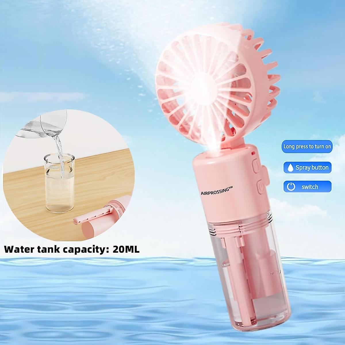 AIRPROSSING Portable Handheld Misting Fan，Rechargeable Battery Operated Spray Water Mist Fan Foldable，4 Speeds，Small Personal Cooling Fans for Outdoor,Travel, Makeup, Home, Office, Camping (white)