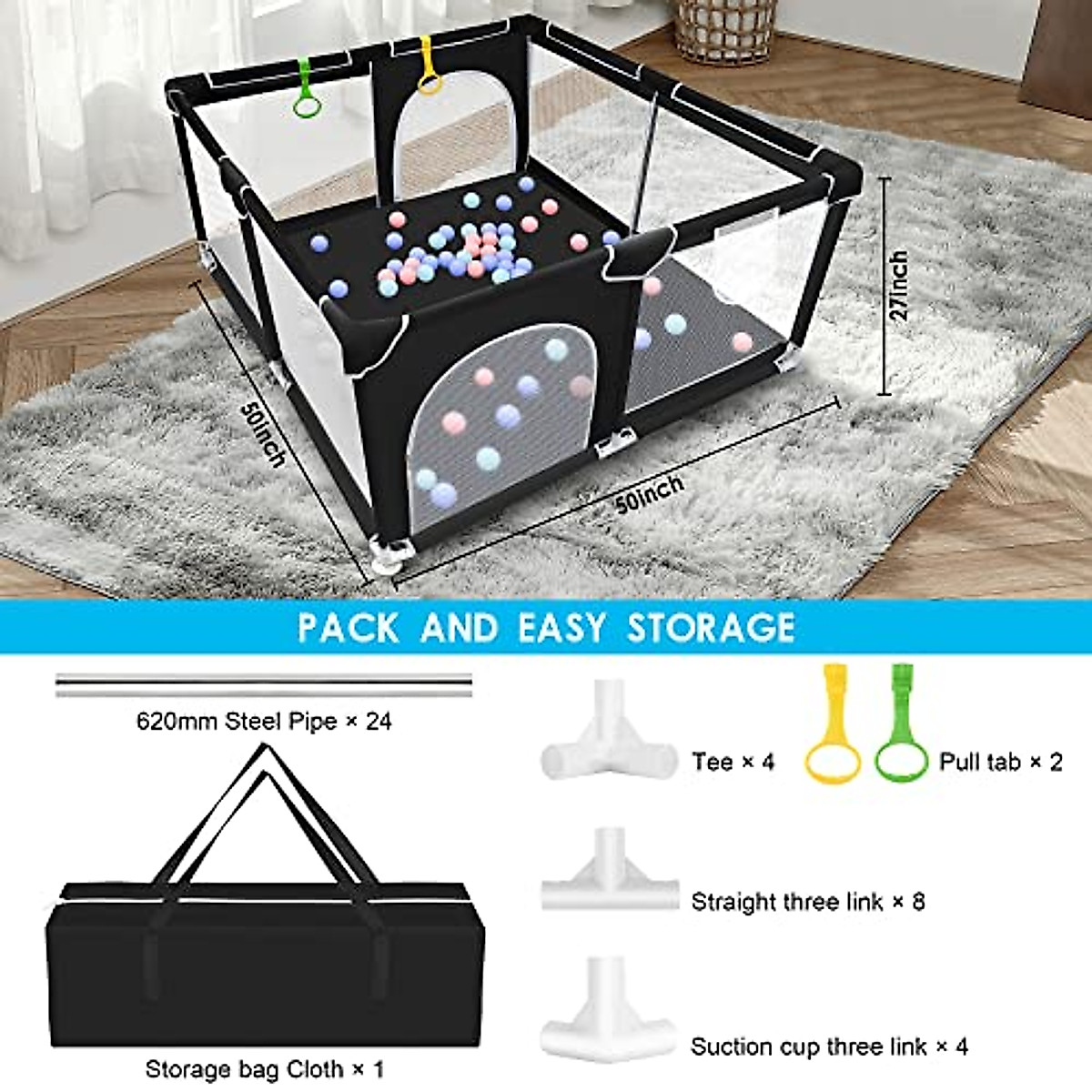 BAIYI Baby Playpen, Baby Playard, Playpen for Babies with Gate Indoor & Outdoor Kids Activity Center, Sturdy Safety Play Yard with Soft Breathable Mesh, Playpen for Toddle(Black,50”×50”)