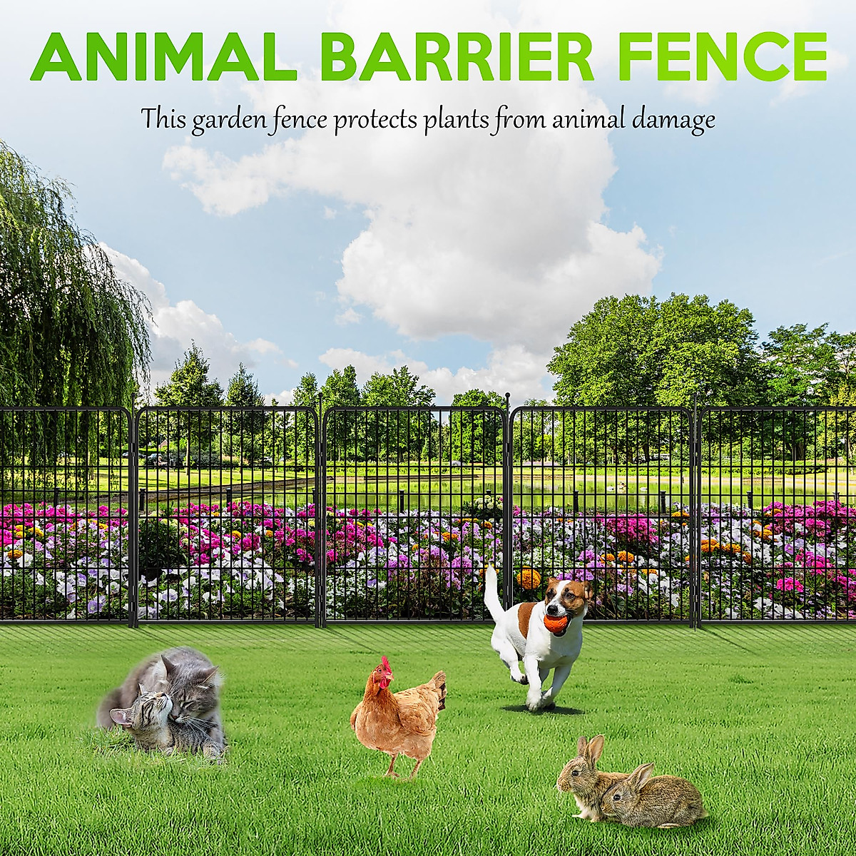 Rengue Garden Fencing, Decorative Garden Metal Fence, 18ft(L)×32in(H) Animal Barrier Garden Fence with Gate, Heavy Duty Iron Fencing for Dogs, Outdoor, Yard (8 Panels)