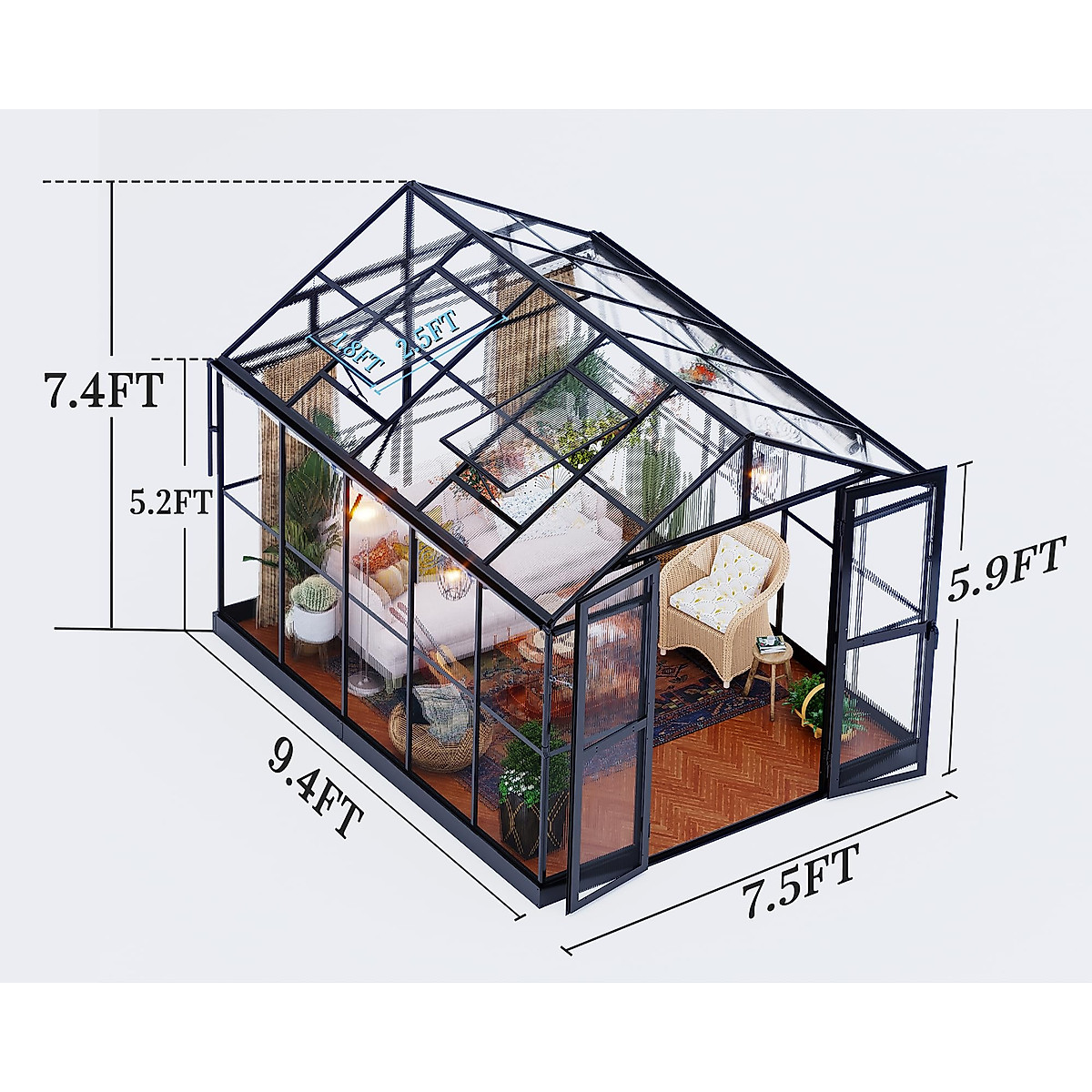 Jocisland 7.5x9.4x7.4 FT Outdoor Aluminum Polycarbonate Greenhouse with Ventilation and Rain Gutter, 2 Swing Doors with Hook, Walk in Greenhouse for Outdoors Backyard Garden