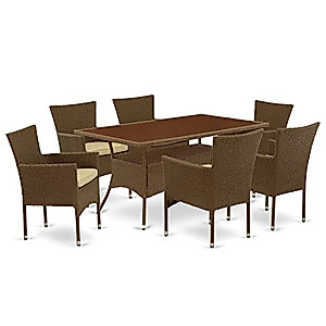 East West Furniture Oslo 7 Piece Outdoor Wicker Patio Furniture Sets Consist of a Rectangle Bistro Table with Glass Top and 6 Balcony Armchair with Cushion, 36x60 Inch, Brown