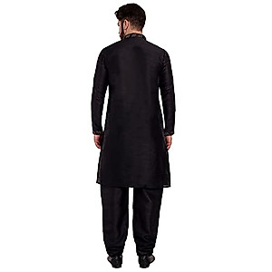 SKAVIJ Men's Art Silk Kurta Pajama and Scarf Ethnic Wedding Suit Party Dress Set (Small, Black)