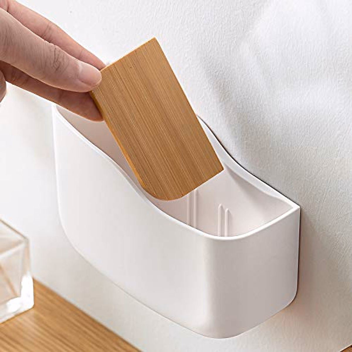 SUNFICON Adhesive Remote Control Holder Wall Mount Media Player Controller Holder Universal TV Remote Organizer Caddy Box Tray Hollow Bottom Slot Easy Phone Charging Home Office Desk Nightstand White