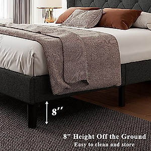 Feonase King Bed Frame with Wingback, Upholstered Platform Bed with Diamond Tufted Headboard, Heavy Duty Bed Frame, Wood Slat, Easy Assembly, Noise-Free, No Box Spring Needed, Dark Gray
