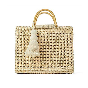 QTKJ Fashion Women Summer Straw Crossbody Bag with Cute Tassels Pendant, Hand-Woven Beach Shoulder Bag with Top Wooden Handle Tote Bag (Beige)
