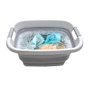 SAMMART 2 pcs Set : 25L (6.6 Gallon) Collapsible Plasic Laundry Basket & 5.5L (1.4 Gallon) Collapsible Bucket/Waterpot (Laundry Basket+Bucket, Grey+Grey)