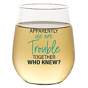 We Are Trouble Together - Funny Wine Glass for Women, Best Friend Gift For Women, Funny Gifts for Her, Birthday Gifts for Women or Men, Unique Gift for Girlfriend, Sister, BFF 15oz Stemless Wine Glass