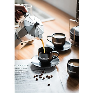 Espresso Cups with Saucers Set, Porcelain Coffee Cups Set with Metal Stand 4 OZ Stackable Demitasse Cups for Latte, Cafe, Mocha and Cappuccino, Tea Cup Set of 6, Thanksgiving Gifts, Black