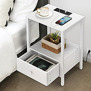 melos Side Table with Charging Station, Nightstand with USB Ports & Power Outlets, Narrow End Table with Drawer and Storage Shelf for Small Spaces, Bedside Tables for Bedroom, Living Room, White