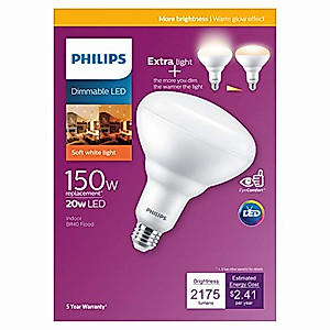 Philips LED Flicker-Free BR40 Light Bulb, Dimmable Warm Glow Effect, EyeComfort Technology, 2175 Lumen, 2200-2700K, 20W=150W, E26 Base, Title 20 Certified, 4-Pack
