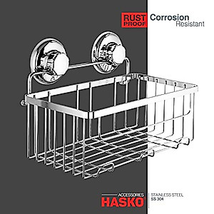 HASKO accessories Vacuum Suction Cup Shower Caddy | Deep Basket Organizer for Shampoo with Hooks | Adhesive 3M Stick Discs | Holder for Bathroom Storage | Polished Stainless Steel SS304