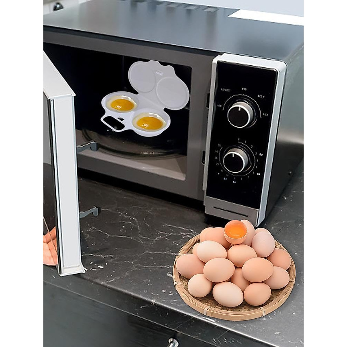 Egg Poacher, 2 Cavity Nonstick Poached Egg Maker with Lid Poached Egg Maker Microwave Eggs Round Poached Eggs Egg Maker Easy to Use Breakfast Egg Cookware EggsSteamer for Home Breakfast