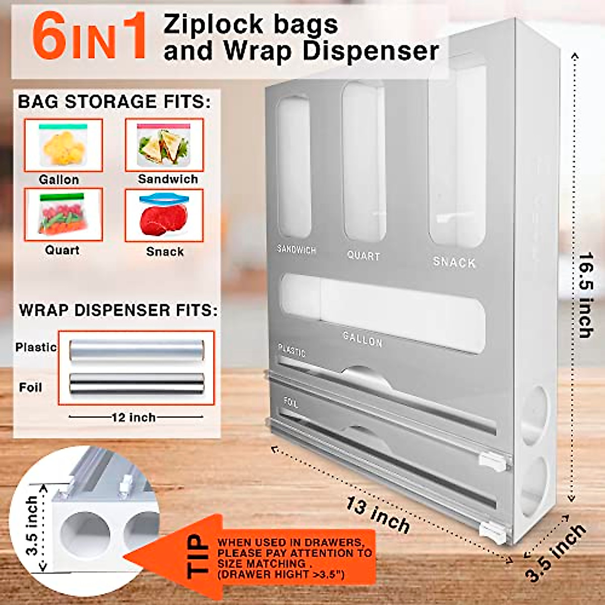 Acrylic Ziplock Bag Storage Organizer For Kitchen Organization Compatible with Gallon, Quart, Sandwich & Snack Variety Bags with Plastic Wrap, Aluminum Foil Dispenser & Cutters with Labels 6 IN 1