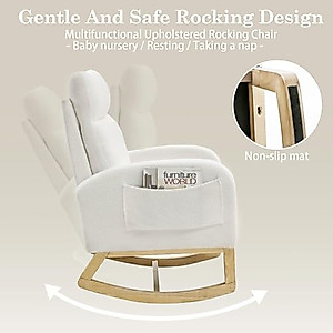 JEEOHEY Rocking Chair Nursery,Teddy Fabric Upholstered Baby Glider Rocker Chair,Comfy Accent Arm Chair with Side Pockets&Solid Wood Legs,Modern Nursing Single Sofa Chair for Living Room,Bedroom(White)