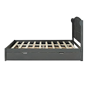 BOVZA Queen Size Platform Bed Frame with Headboard, Twin Size Trundle and 2 Drawers, Antique Gray