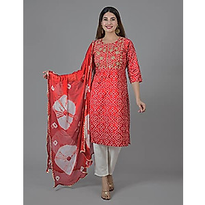 Vrnda Women's Cotton Straight Bandhej Printed kurta With Yoke Embroidery Red Kurti with White Pant and printed Dupatta Set (L)