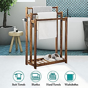 MyGift 3 Tier Freestanding Towel Rack - Rustic Dark Brown Wood Bathroom Towel Drying Stand Holder with Bottom Storage Shelf