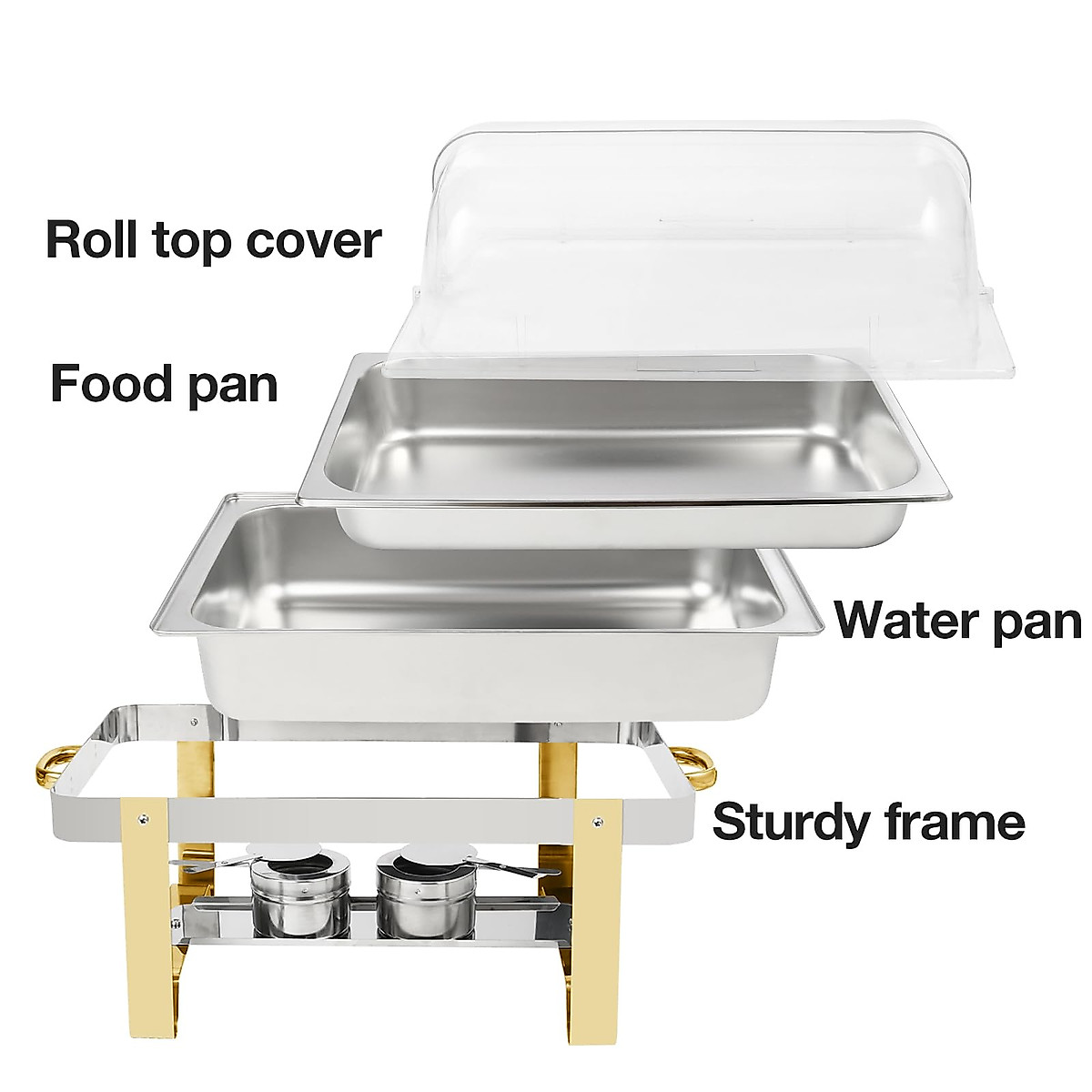 Restlrious Chafing Dish Buffet Set with Roll Top Plastic Cover 2 Pack, Stainless Steel 8 QT Rectangular Chafers and Buffet Warmers Complete Set w/Food Pan Water Pan, Fuel Holder in Gold Accent
