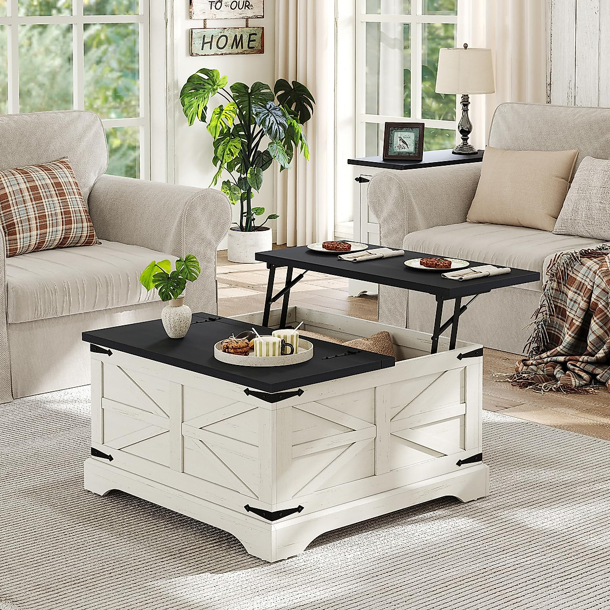 furomate Farmhouse Lift Top Coffee Table, Square Wood Center Table with Large Hidden Storage Compartment for Living Room, Rustic Cocktail Table with Hinged Lift Top for Home, Black Top