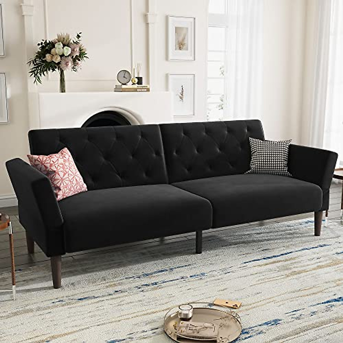HONBAY Convertible Sofa Bed Velvet Sleeper Couch with Adjustable Armrests Tufted Futon for Living Room and Bedroom, Black