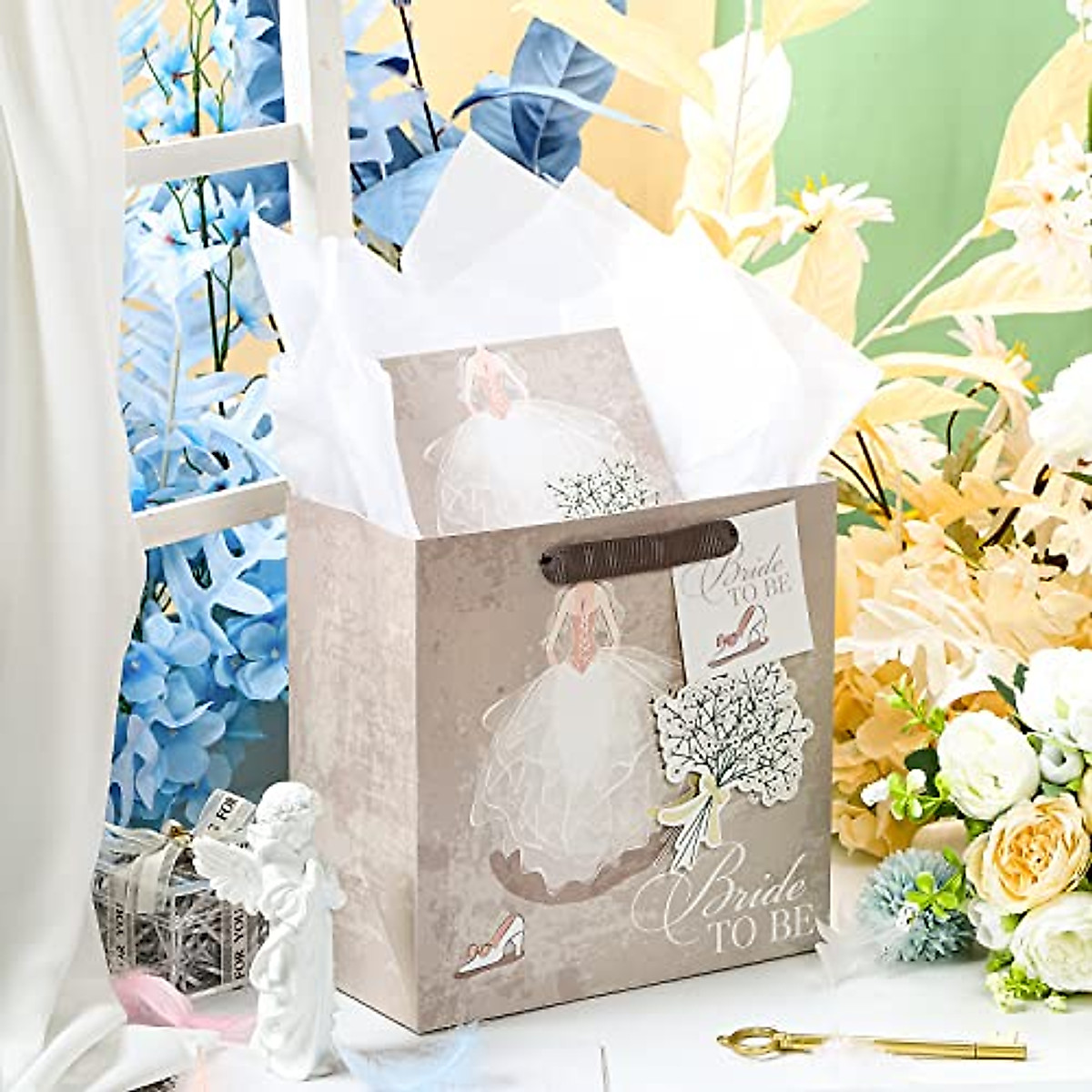 MAYPLUSS 10" Medium Gift Bag with Greeting Card and Tissue Paper for Wedding, Anniversary, Bridal Shower -Bride to Be,Wedding Design Dresses