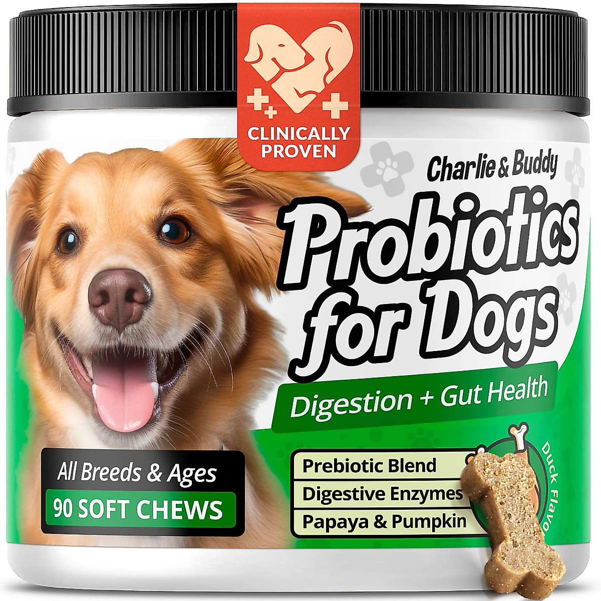 Charlie & Buddy Pet Probiotics for Dogs Aid Gut Flora, Dog Probiotics for Digestive Health with Digestive Enzymes, Pumpkin, and Papaya for Upset Stomach, 90 Soft Probiotic Chews for Dogs, Duck Flavor