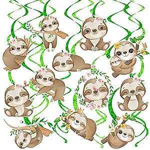15Pcs Sloth Party Hanging Swirls Sloth Theme Foil Ceiling Streamers Sloth Party Decoration for Jungle Party Kids Birthday Party Baby Shower Supplies