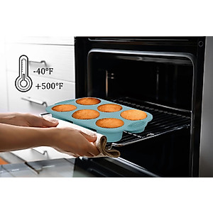 Silicone Muffin Pan - 6-Cavity Nonstick Baking Tray for Muffins, Cupcakes, Brownies and More - Food Grade and BPA Free - Pack of 3 Colors (Gray, Orange, Peacock Blue)