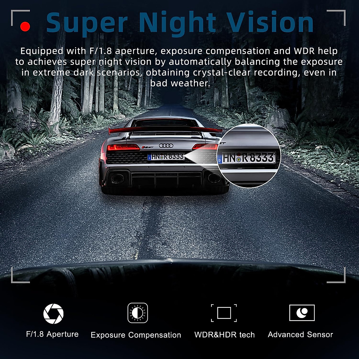 Dash Cam Front and Rear 2.5K+1080P FHD WiFi Dual Dash Camera for Cars, 170° Angle Dashboard Camera with 64G SD Card, App Control,3” IPS Screen,Night Vision,Parking Mode,G-Sensor,WDR,Loop Recording
