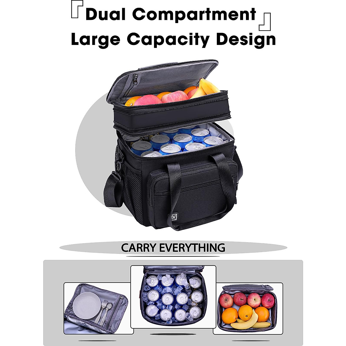 Double Deck Large Lunch Box for Women, Expandable Black Adult Lunch Box with Shoulder Strap, Leakproof Insulated Black Lunch Bag, 24 cans Adult Lunch Bag, Womens Lunch Bags for Work Travel Hiking