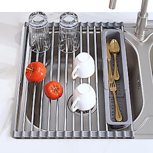 JASIWAY Roll Up Dish Drying Rack, Expandable 304 Stainless Steel Portable Over The Sink Dish Drainer for Kitchen Sink Counter, Foldable Sink Cover with Removable Utensil Holder(12.8"-23.3")