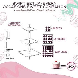 Flexzion 3 Tier Cupcake Stand Acrylic Cupcake Holder Tower Dessert Table Display Set Clear Square Stand, Food Display Stands for Party, Weddings, Birthdays, Reusable Mini Cake Tier Stand