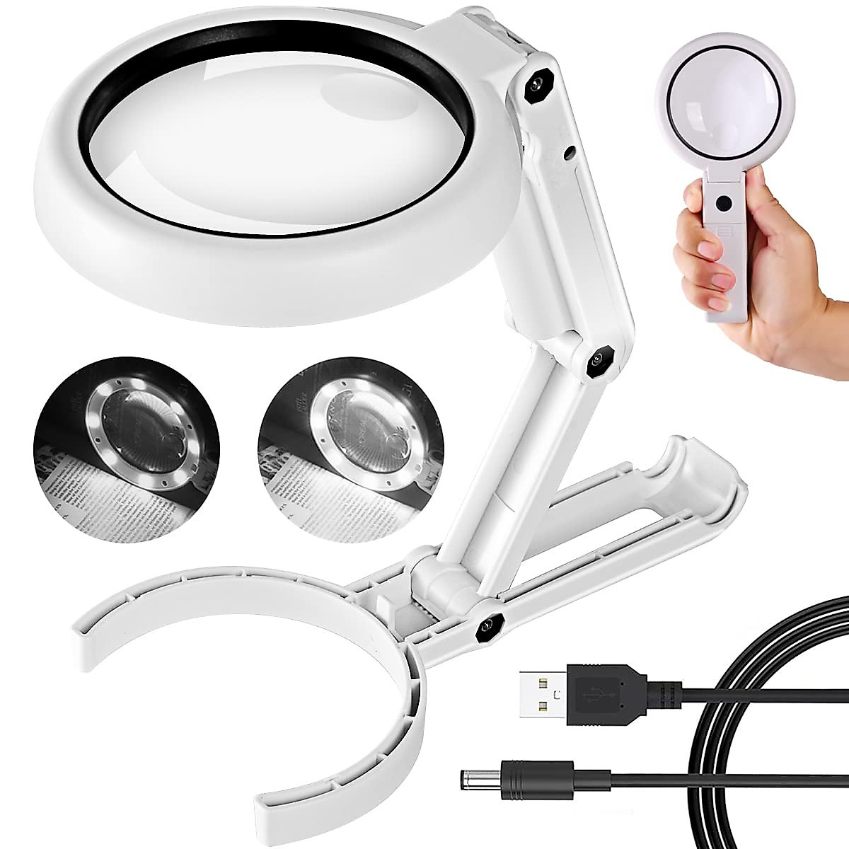 30X 10X Magnifying Glass with Light and Stand, Foldable Handheld Magnifying Glass & 2 level Dimmable for Close Work, Powered by Battery or USB