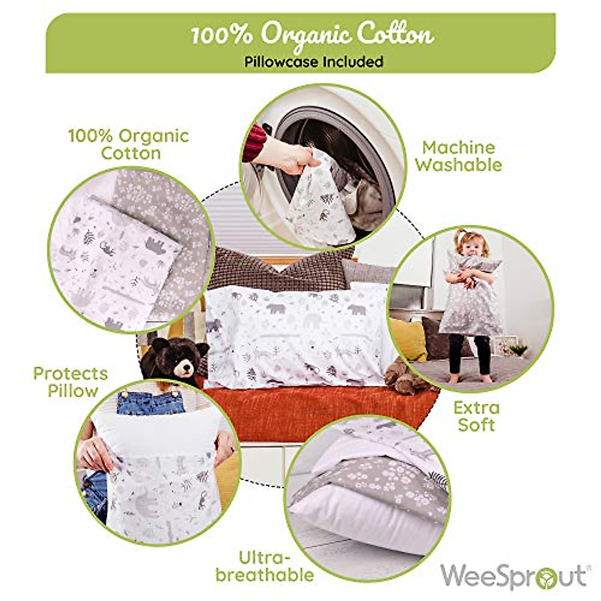 WeeSprout Mini Toddler Pillow for Kids Sleeping - Organic Cotton Shell & Pillowcase with Soft & Supportive Polyfiber Filling – Good for Travel, Machine Washable, 18 x 13 x 3, Safari