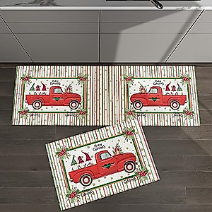 Christmas 2 Pieces Kitchen Rugs and Mats Set, Merry Christmas Red Truck with Gnome Green Stripes Kitchen Mats Cushioned Floormat Non Slip Runner Rug Set for Kitchen Laundry Entryway, 18"x30"+18"x60"